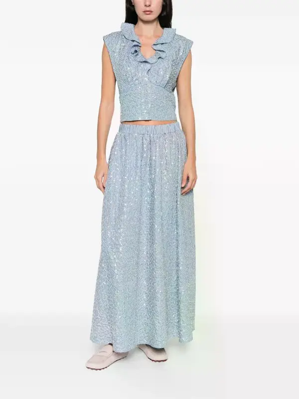 Sandro Ruffled Striped Sequin-embroidered Crop Top