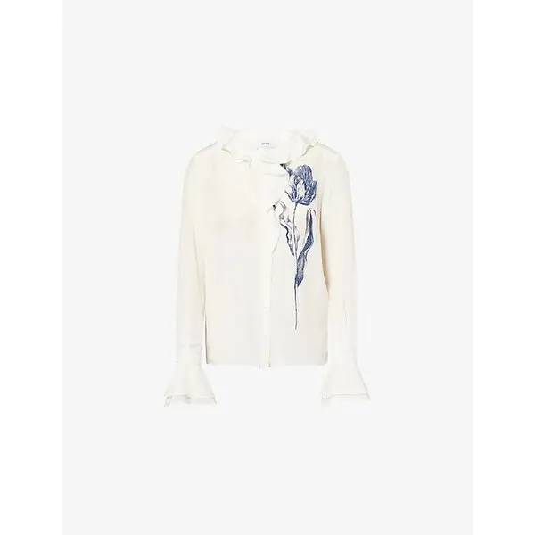 Erdem Floral-print Ruffled Silk Shirt - Botanical Midnight