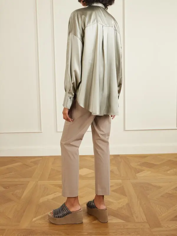 Brunello Cucinelli Bead-embellished Silk-blend Satin Shirt - Green