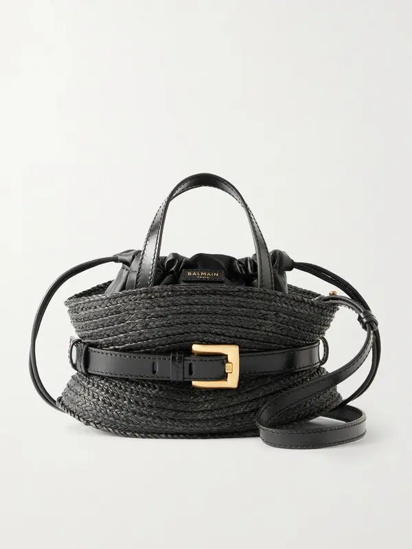 Balmain Shuffle Mini Buckled Leather-trimmed Raffia Shoulder Bag - Black