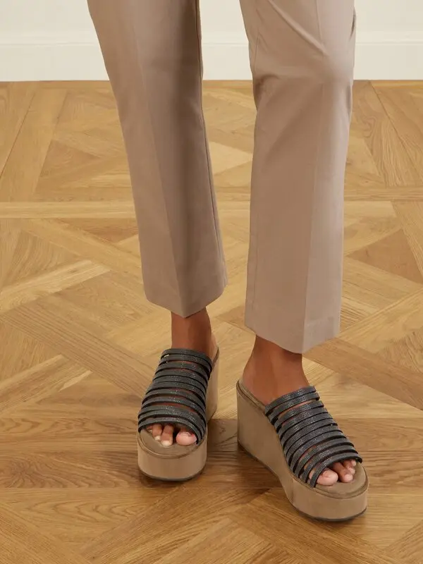 Brunello Cucinelli Embellished Suede Platform Mules