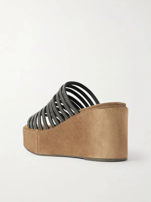 Brunello Cucinelli Embellished Suede Platform Mules