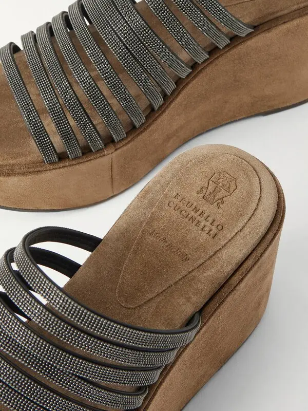 Brunello Cucinelli Embellished Suede Platform Mules