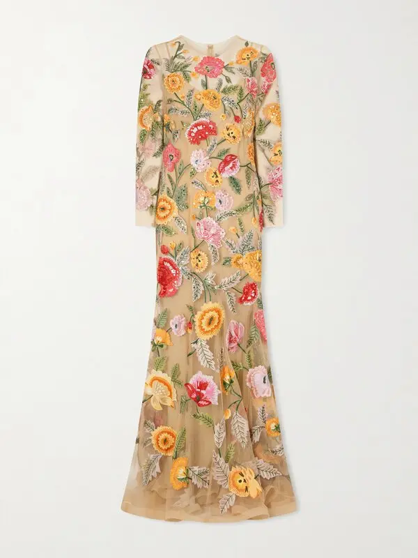 Carolina Herrera Sequin-detailed Embroidered Tulle Gown - Neutrals