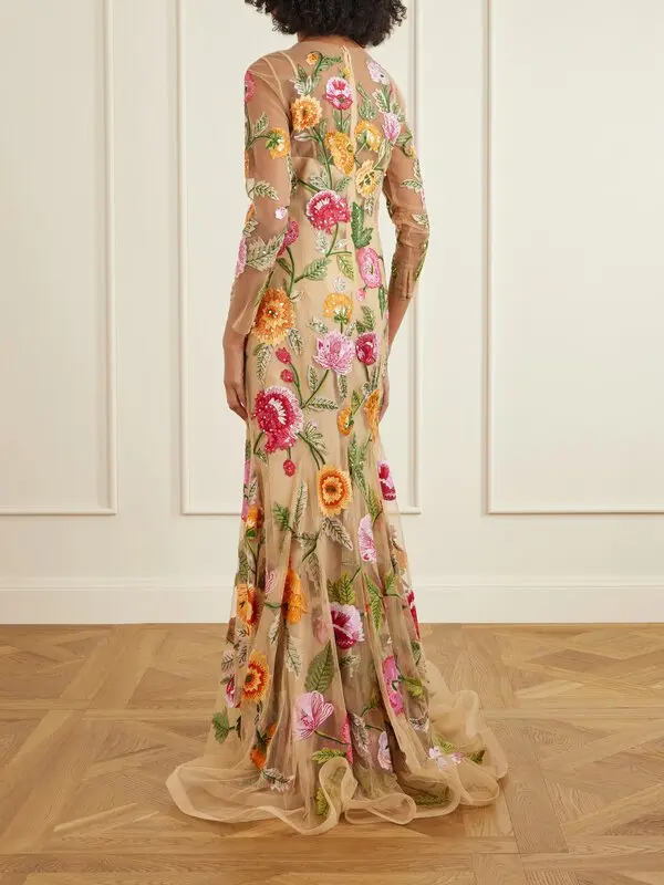 Carolina Herrera Sequin-detailed Embroidered Tulle Gown - Neutrals