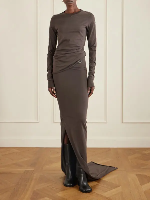 Rick Owens Moncler Appliquéd Cotton-jersey Maxi Skirt - Brown