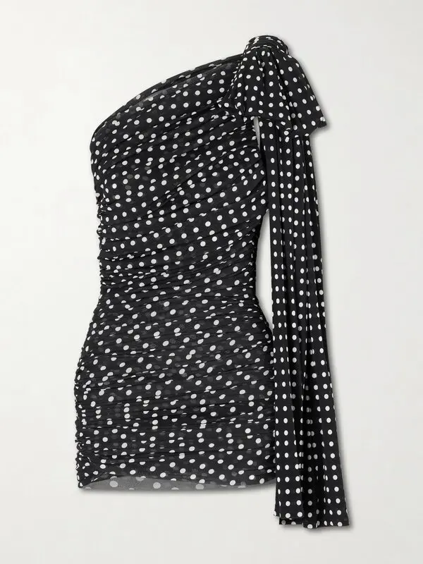 PATOU One-shoulder Draped Polka-dot Mini Dress - Black