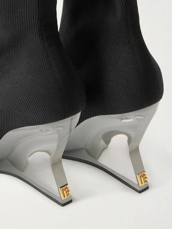Balmain Ribbed Wedge Ankle Boots - Black