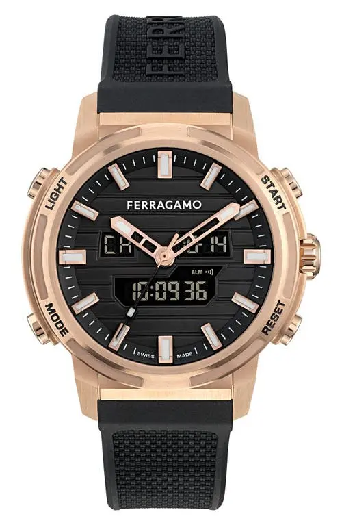 FERRAGAMO Sport Anadigit Silicon Strap Watch - Black/rose Gold