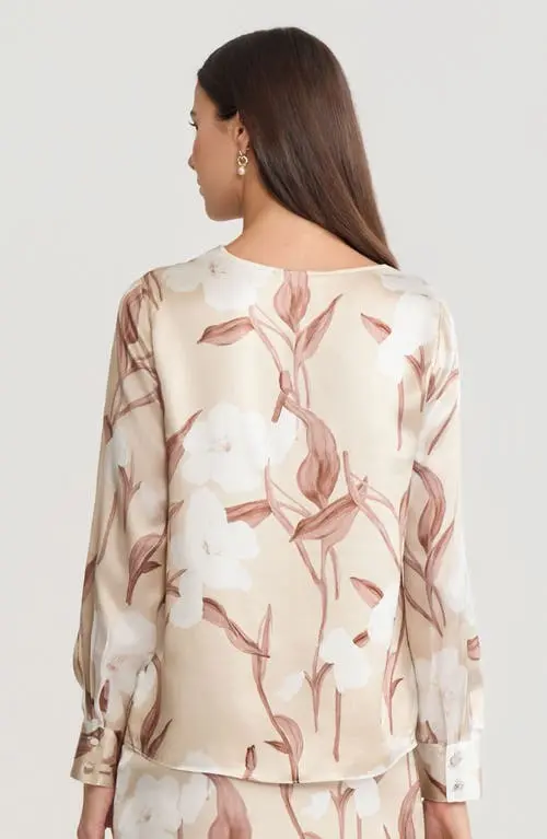Misook Draped Neck Floral Print Silk Blouse