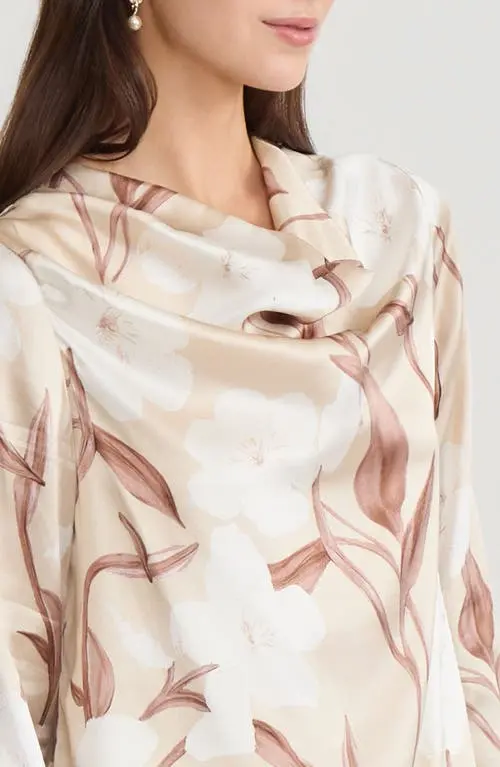 Misook Draped Neck Floral Print Silk Blouse