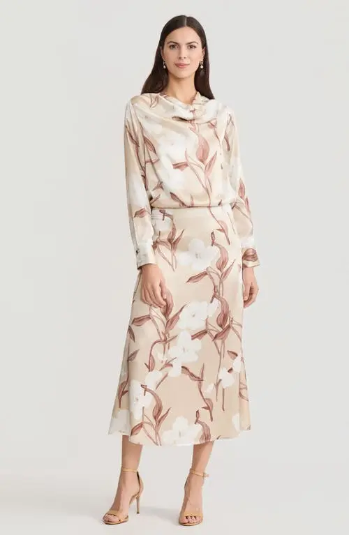 Misook Draped Neck Floral Print Silk Blouse