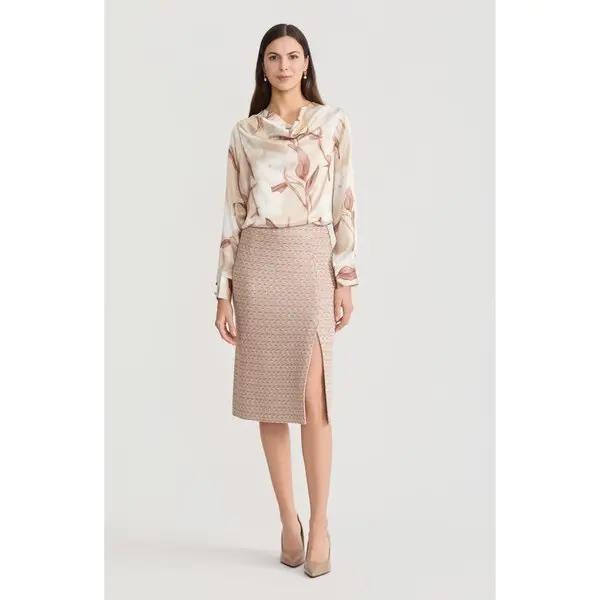 Misook Draped Neck Floral Print Silk Blouse