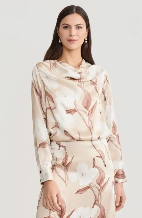 Misook Draped Neck Floral Print Silk Blouse