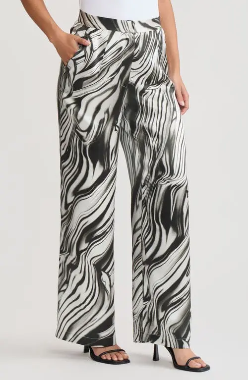 Misook Marble Print Wide Leg Silk Pant