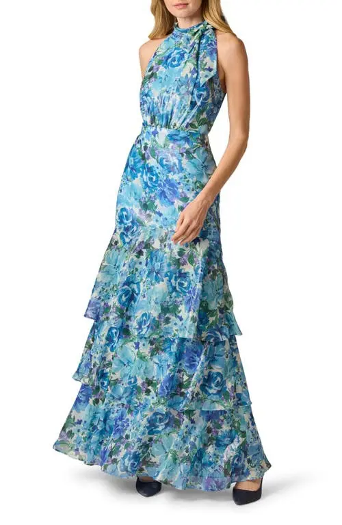 Adrianna Papell Metallic Floral Tiered Chiffon Gown