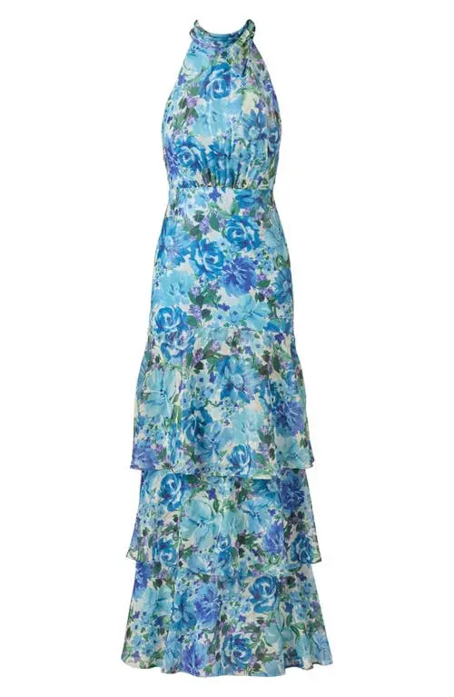 Adrianna Papell Metallic Floral Tiered Chiffon Gown