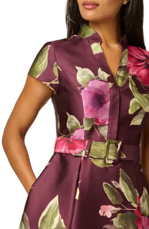Adrianna Papell Floral Belted Mikado Gown - Wine Multi