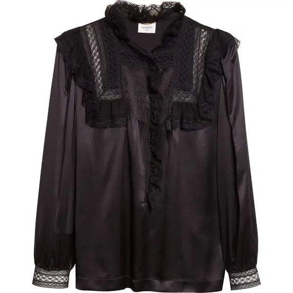 Saint Laurent Lace Trim Silk Charmeuse Top