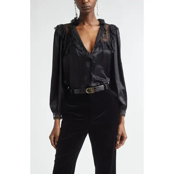 Saint Laurent Lace Trim Silk Charmeuse Top