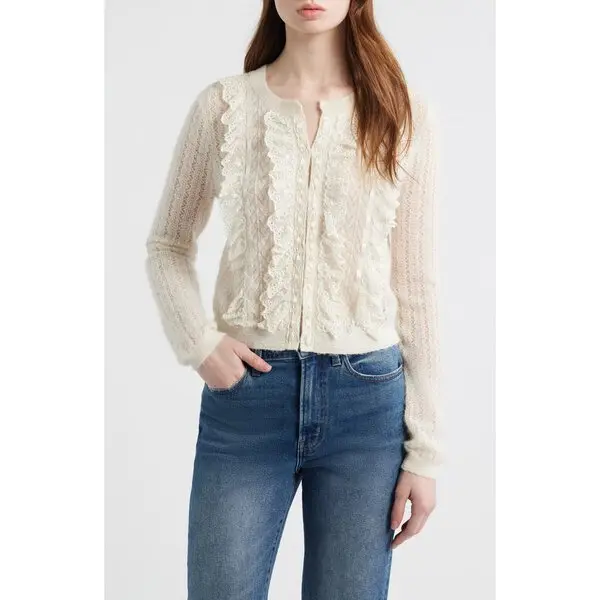 LoveShackFancy Melisse Lace Ruffle Alpaca & Wool Blend Cardigan
