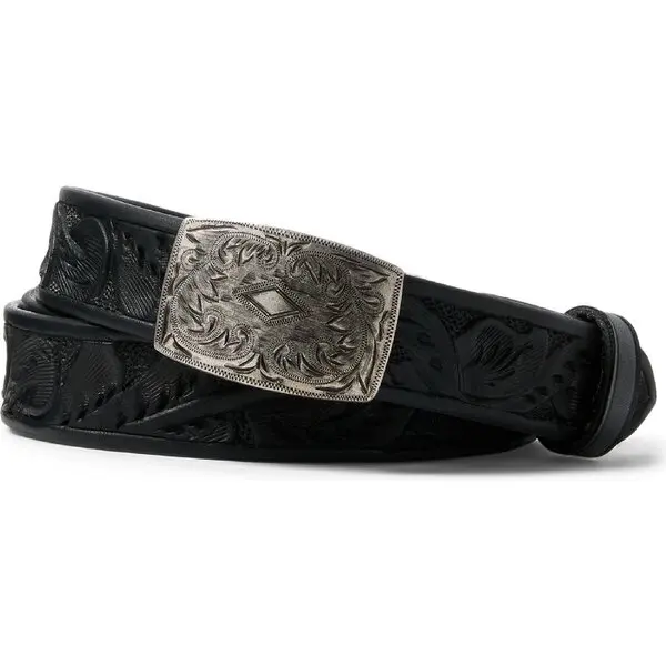 Double Rl Coleman Tooled Leather Belt - Black