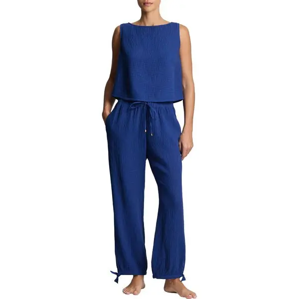 Ralph Lauren Sleeveless Cotton Top & Wide Leg Pants Cover-up Set - Blue Saturn