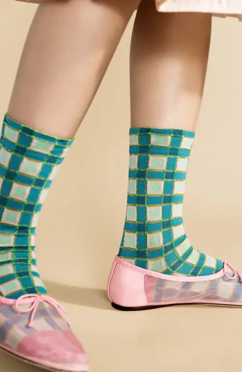 Hansel From Basel Esther Metallic Plaid Crew Socks - Turquoise