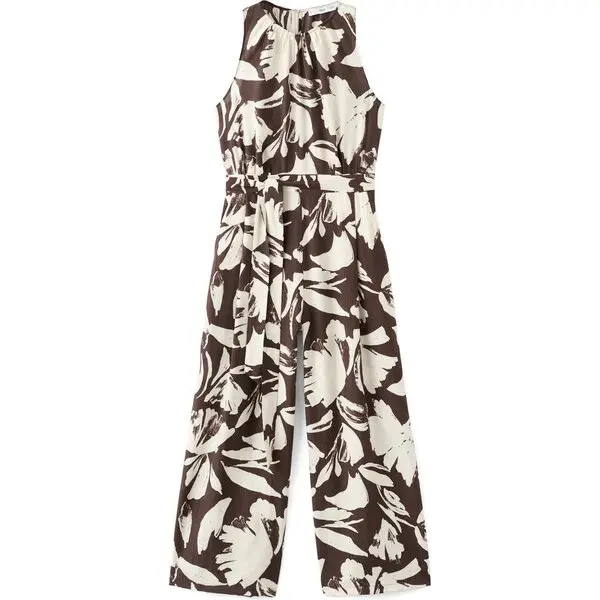 Mango Wide Leg Floral Print Cropped Jumpsuit - Chocolate