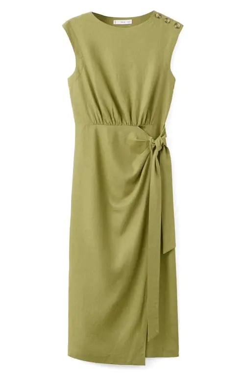 Mango Linen Blend Midi Dress - Olive Green