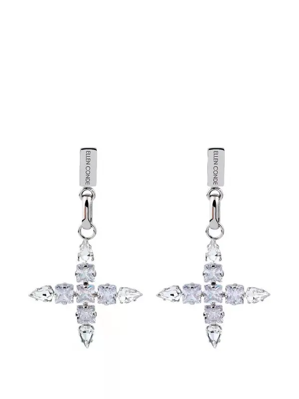 ELLEN CONDE Crystal Cross Drop Earrings - Silver