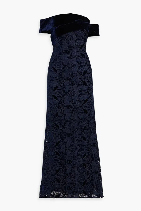 Badgley Mischka Velvet-paneled Guipure Lace Gown