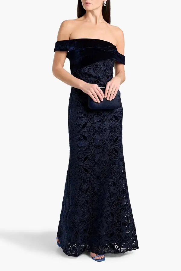 Badgley Mischka Velvet-paneled Guipure Lace Gown