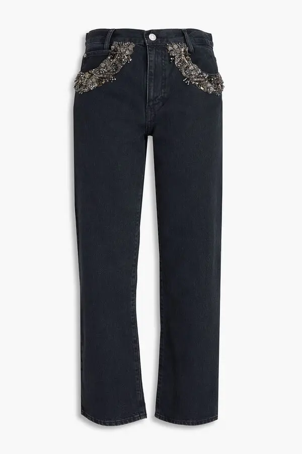 FRAME The Beaded Hang Embellished Straight-leg Jeans - Black