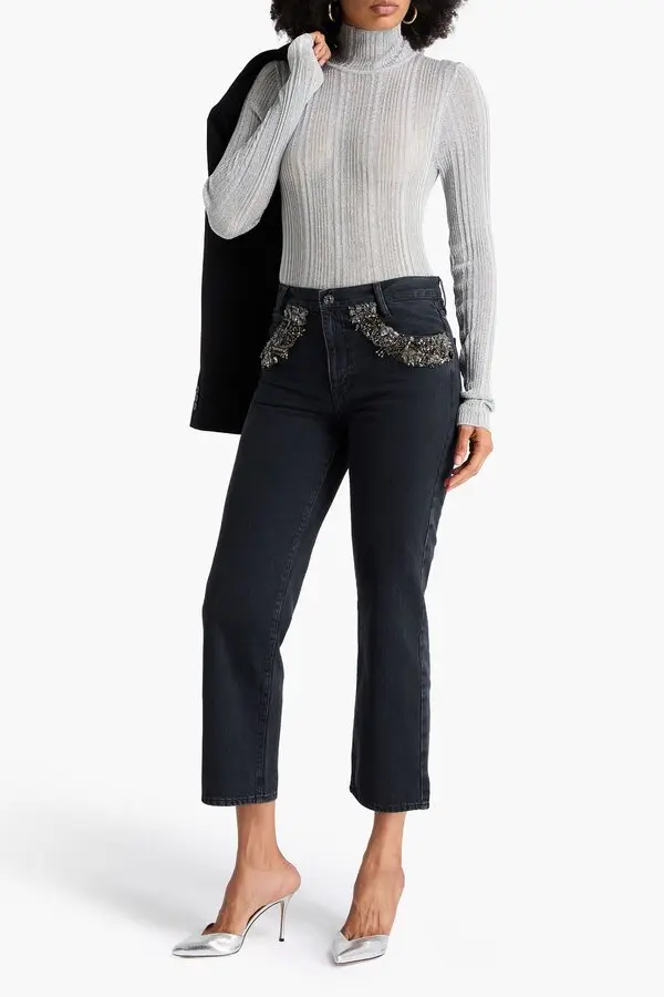 FRAME The Beaded Hang Embellished Straight-leg Jeans - Black