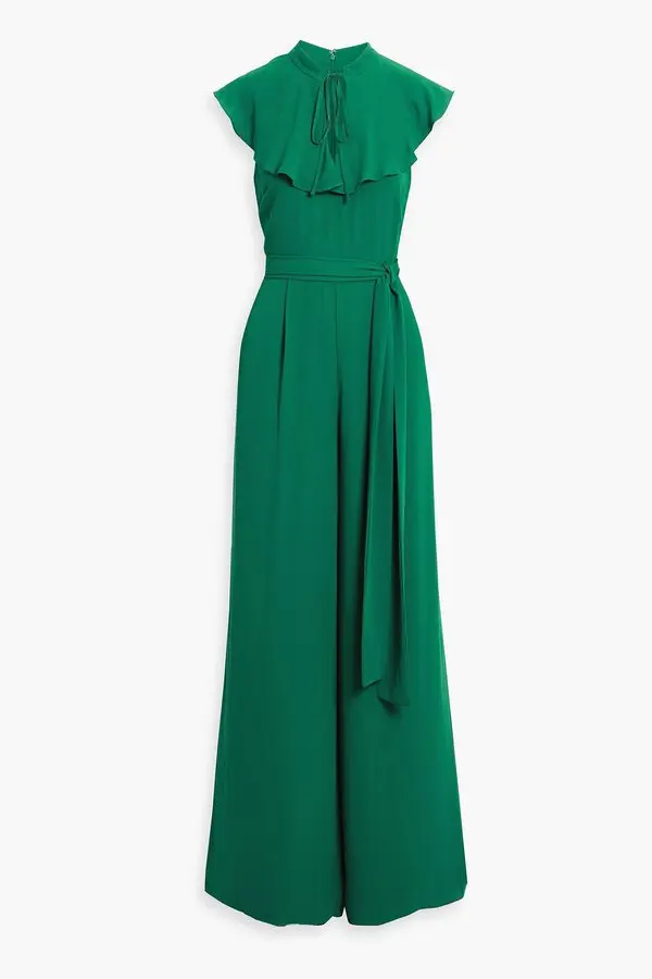 MIKAEL AGHAL Belted Ruffled Crepe Jumpsuit - Green