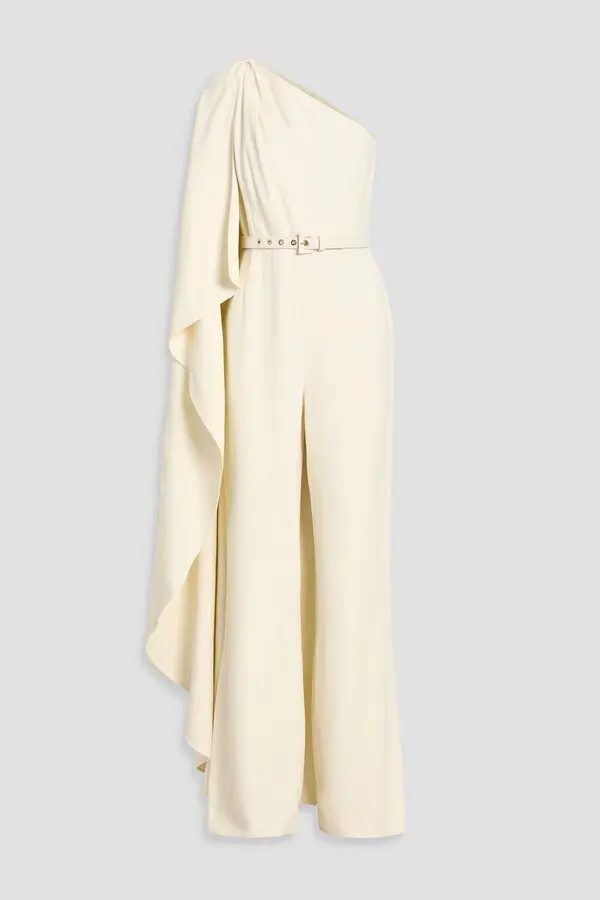 Monique Lhuillier One-shoulder Draped Twill Jumpsuit - Ivory