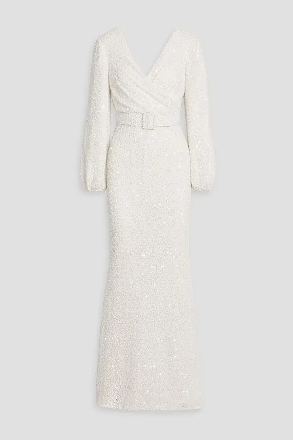 Badgley Mischka Wrap-effect Sequin-embellished Bouclé Gown