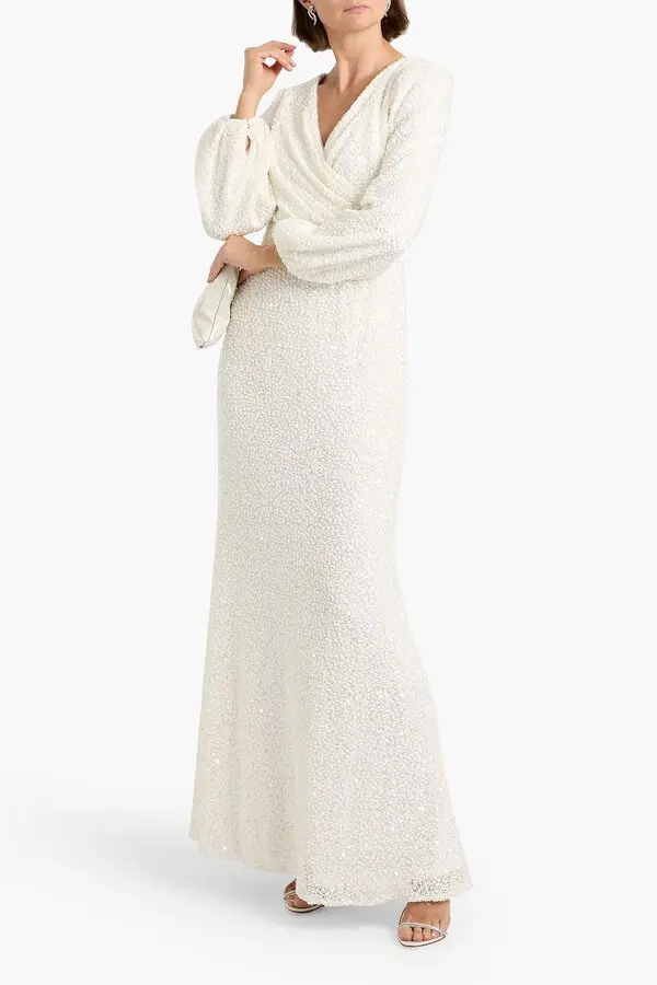 Badgley Mischka Wrap-effect Sequin-embellished Bouclé Gown