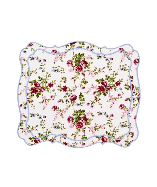 LOULOU Otm Exclusive: Aline Placemat And Napkin Set - Pink With Serenity Blue Embroidery