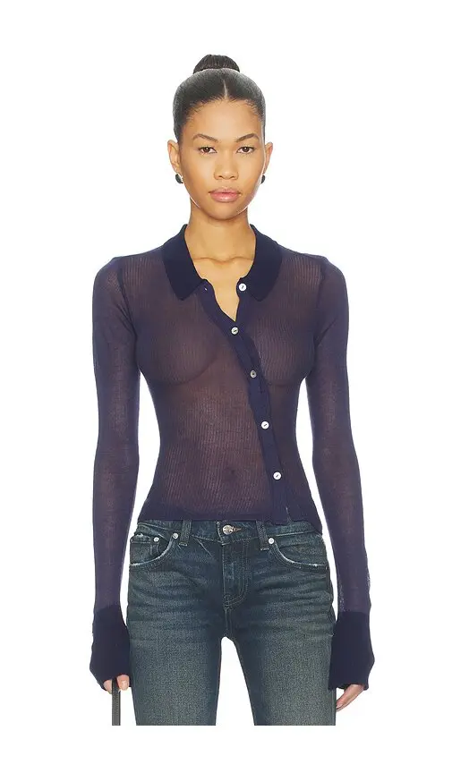 I.AM.GIA Davina Sheer Button-up Top - Navy