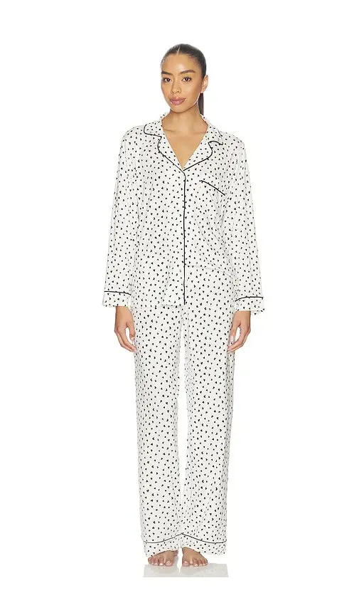 Eberjey Gisele Printed Long Pj Set In White - Heart To Heart Black