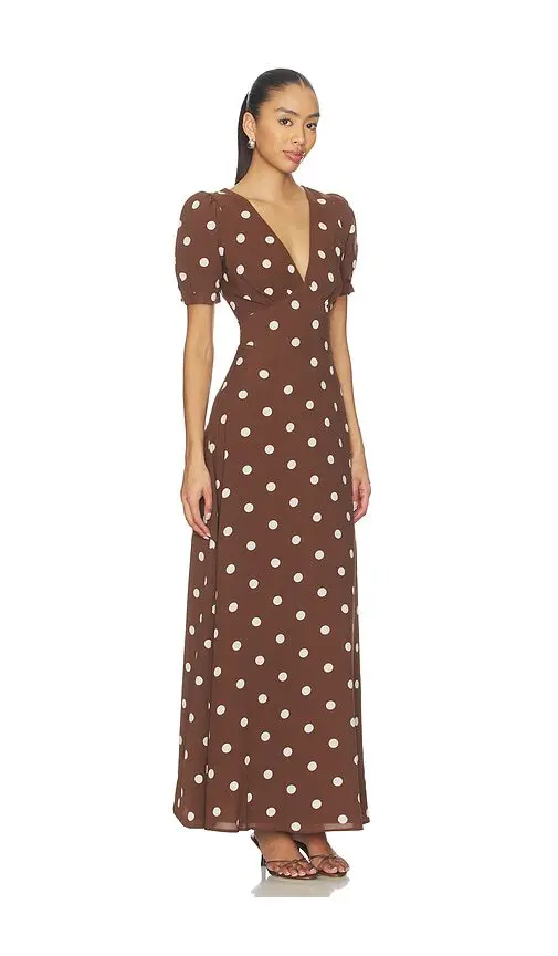 brown maxi polka dot dress L'AGENCE Rosette Maxi Dress In Cardamom/Ecru Polka Dot