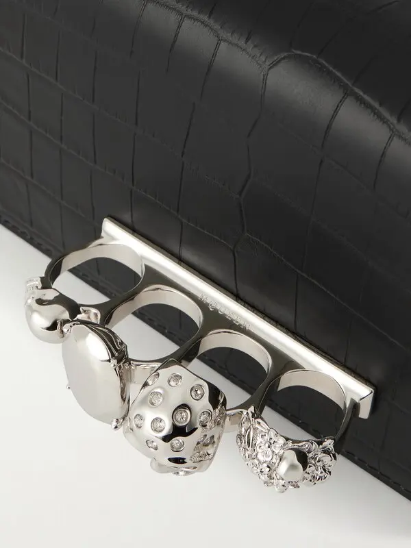 Alexander McQueen Jeweled Satchel Mini Croc-effect Leather Shoulder Bag - Black