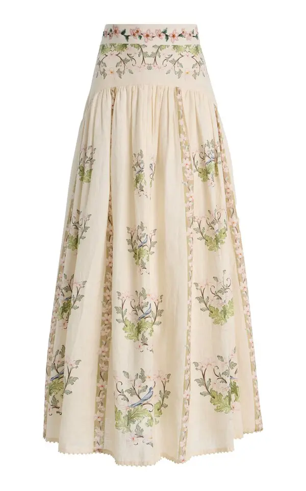 Agua Bendita Embroidered Floral Linen Maxi Skirt - Multi