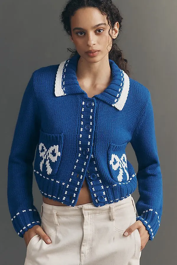 English Factory Bow Pocket Cardigan Sweater - Blue