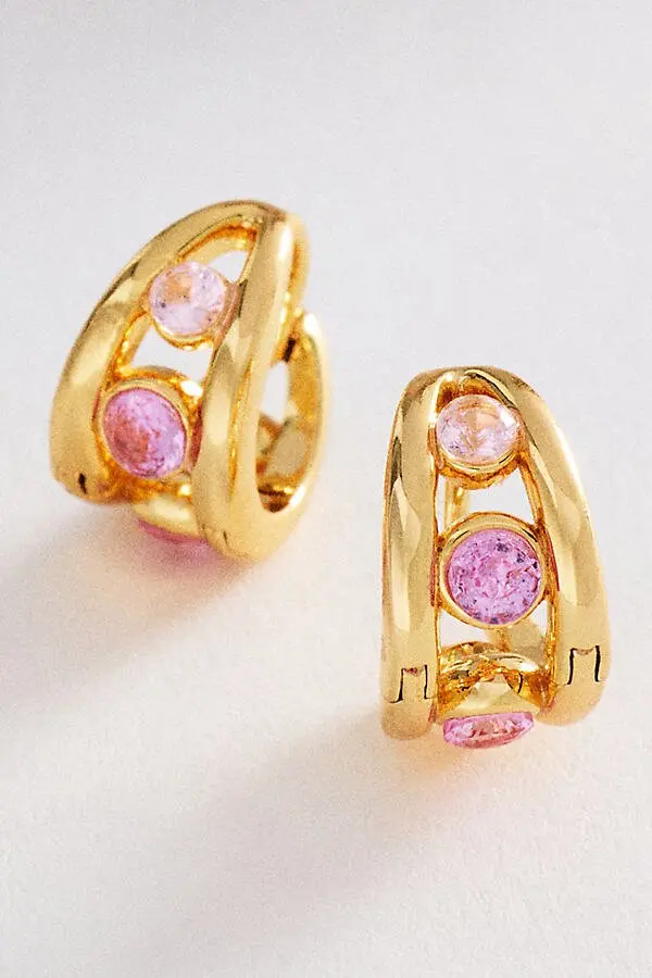 Anthropologie Split Crystal Huggie Hoop Earrings - Pink