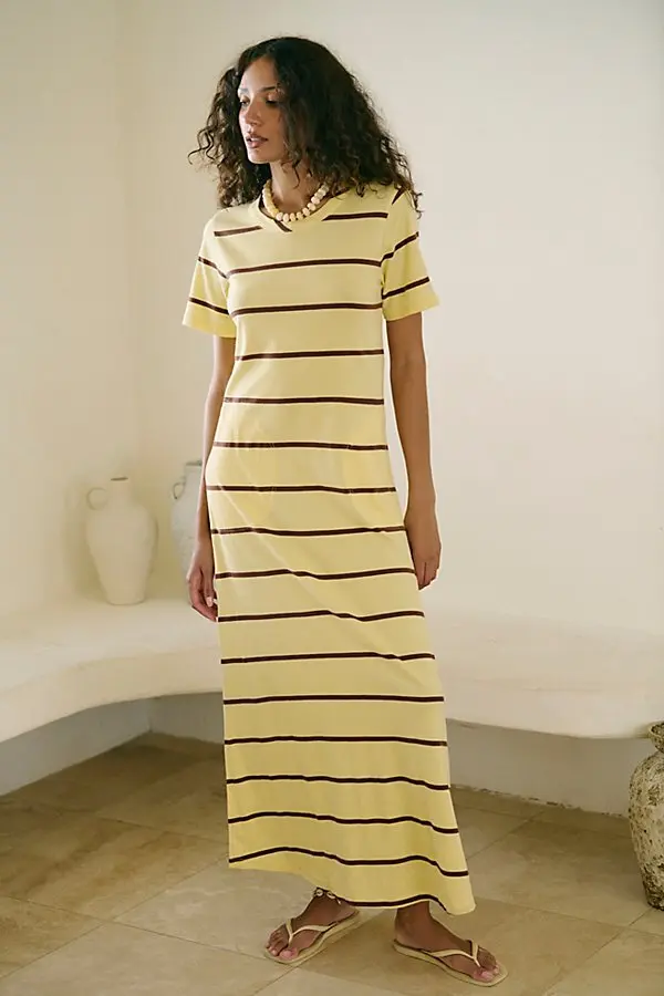 Free People Striped Cotton-jersey Maxi Dress - Butter Yellow Combo