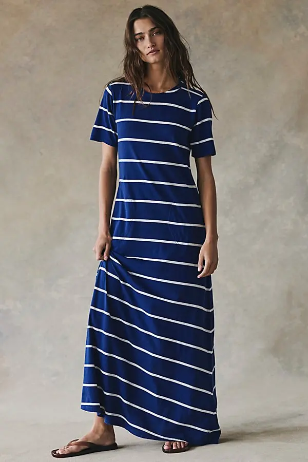 Free People Striped Cotton-jersey Maxi Dress - Navy Combo