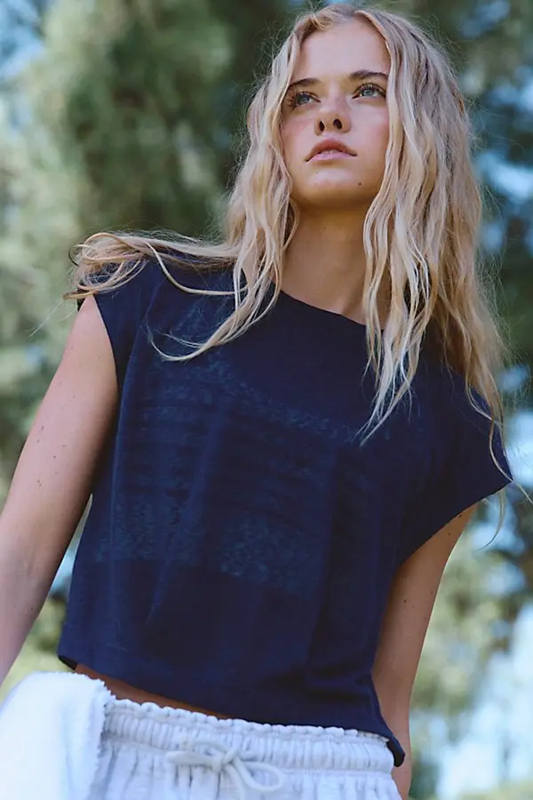 Free People Short Sleeve Textured Layer Top - Midnight Navy